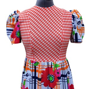 Vintage 70s Orange Gingham With Primary Color Flower and Plaid Pattern ...