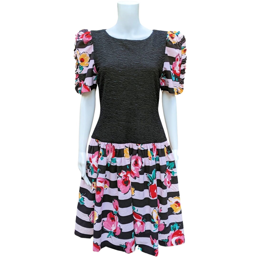 Vintage 1980s Very Pale Pink and Black Stripe and Floral Dress With ...