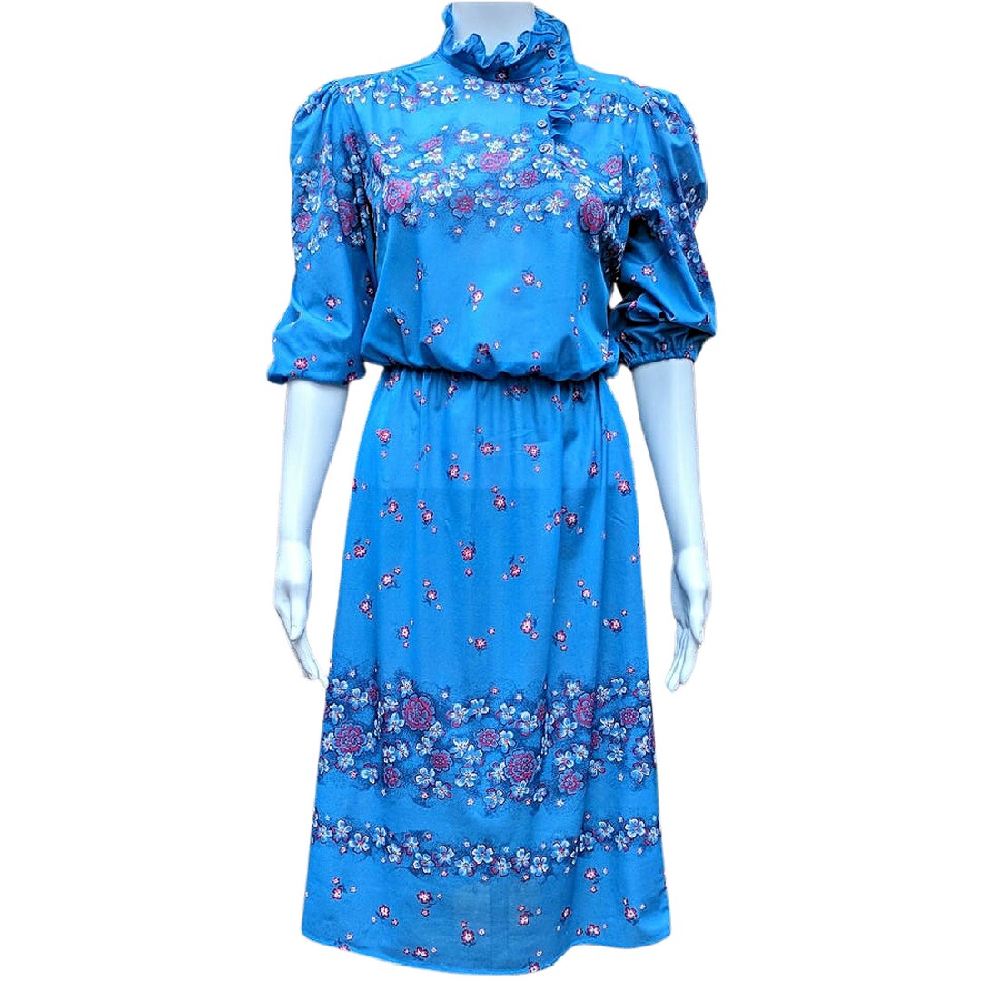 Vintage 70s or 80s Blue With Pink Floral Ruffled Collar Dress - Etsy