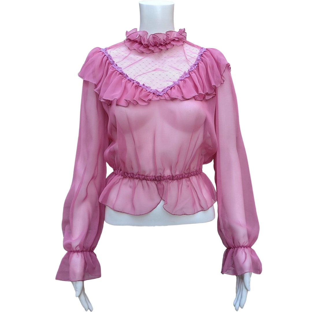 Vintage 70s Sheer Nylon And Lace Dusty Rose Ruffled Collar Blouse Etsy