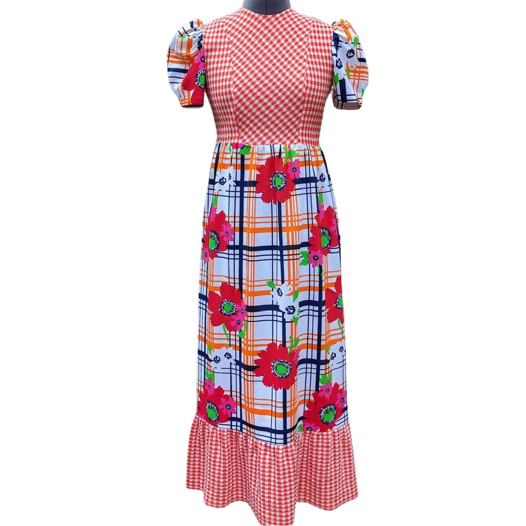 Vintage 70s Orange Gingham With Primary Color Flower and Plaid Pattern ...
