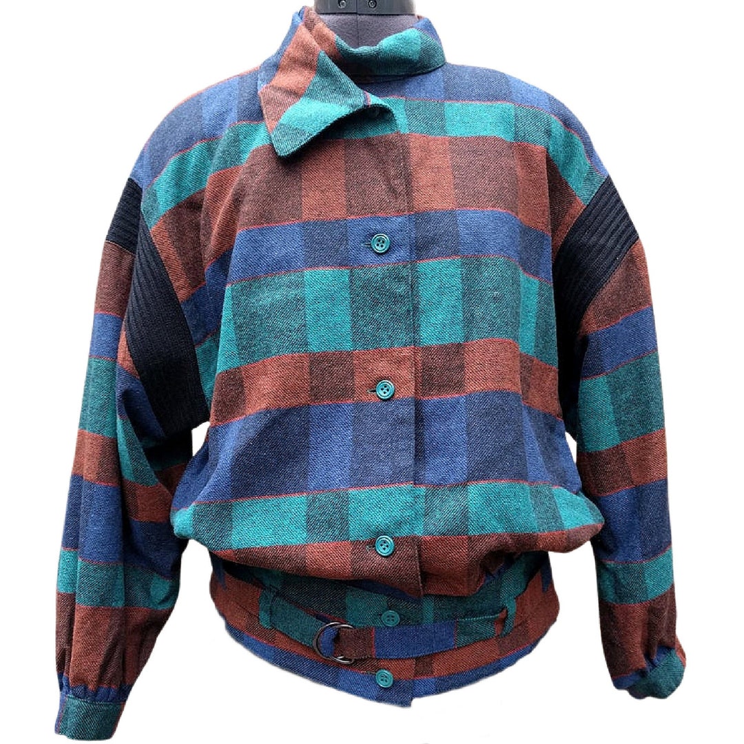 Vintage 80s Teal Checkered Wool Jacket With Pockets - Etsy