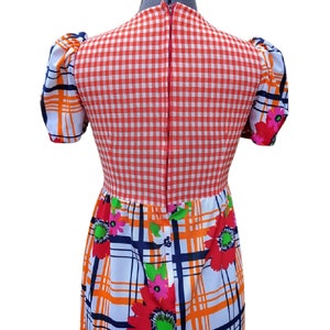 Vintage 70s Orange Gingham With Primary Color Flower and Plaid Pattern ...