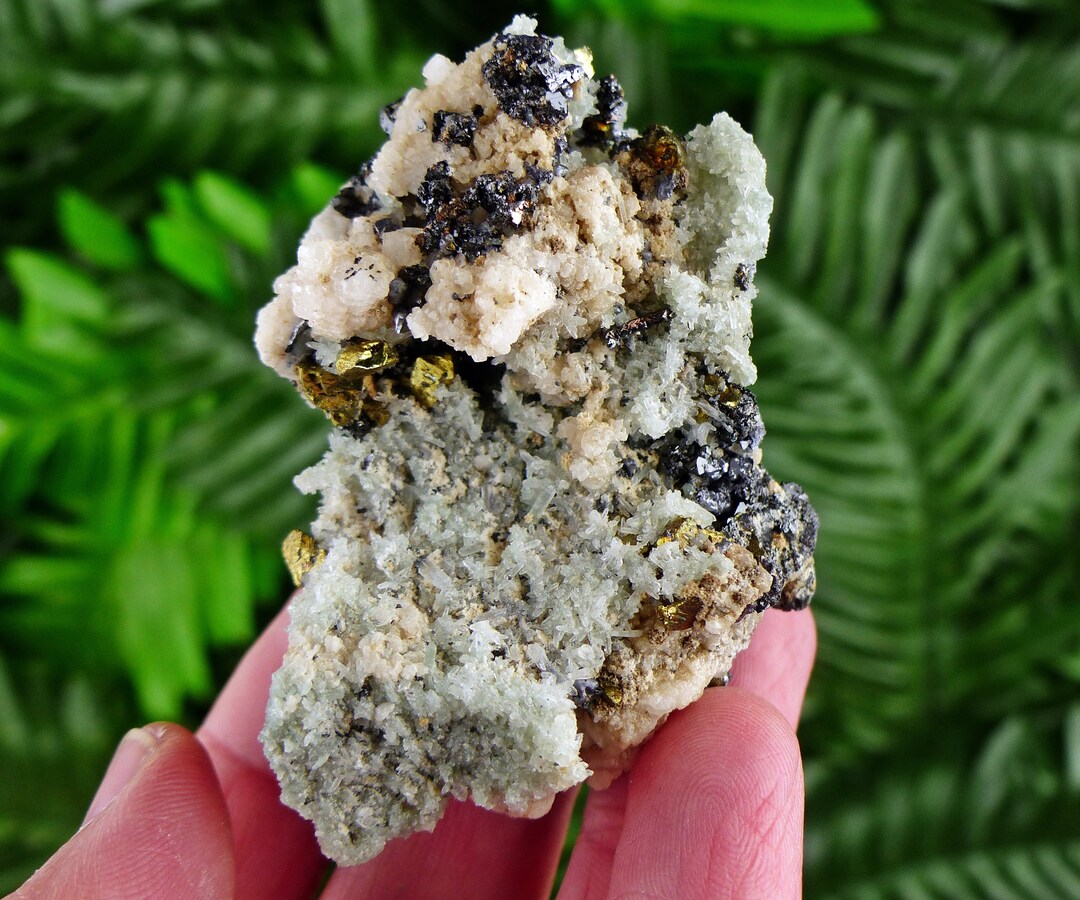 Rare Green Prasem Quartz With Calcite, Sphalerite, and Chalcopyrite ...