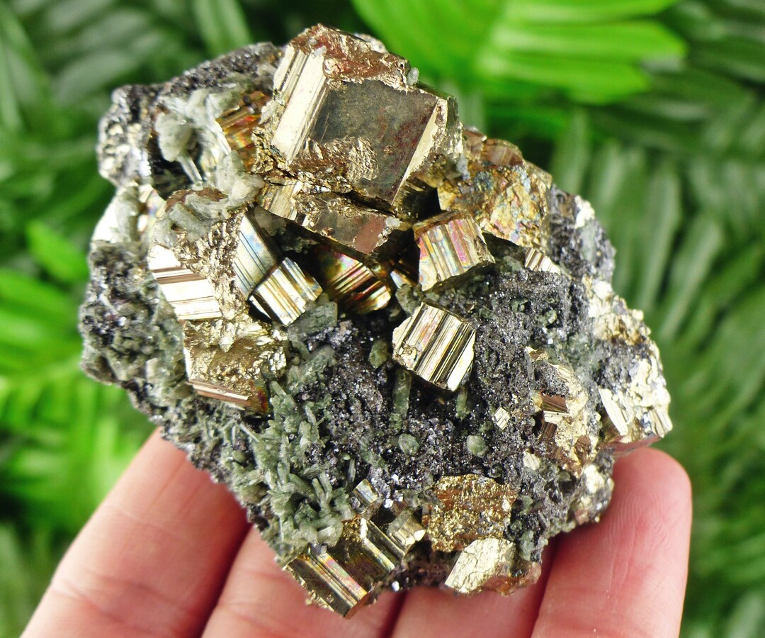 Rare Green Prasem Quartz With Sphalerite and Shiny Iridescent Pyrite ...