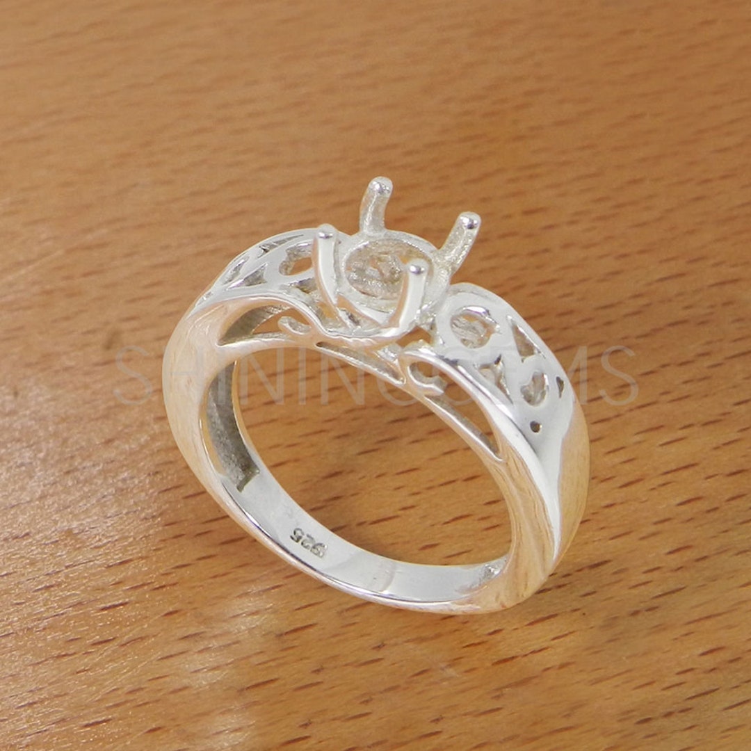 925 Sterling Solid Silver Ring Collet 6 Mm Round Cut Gemstone Prong ...