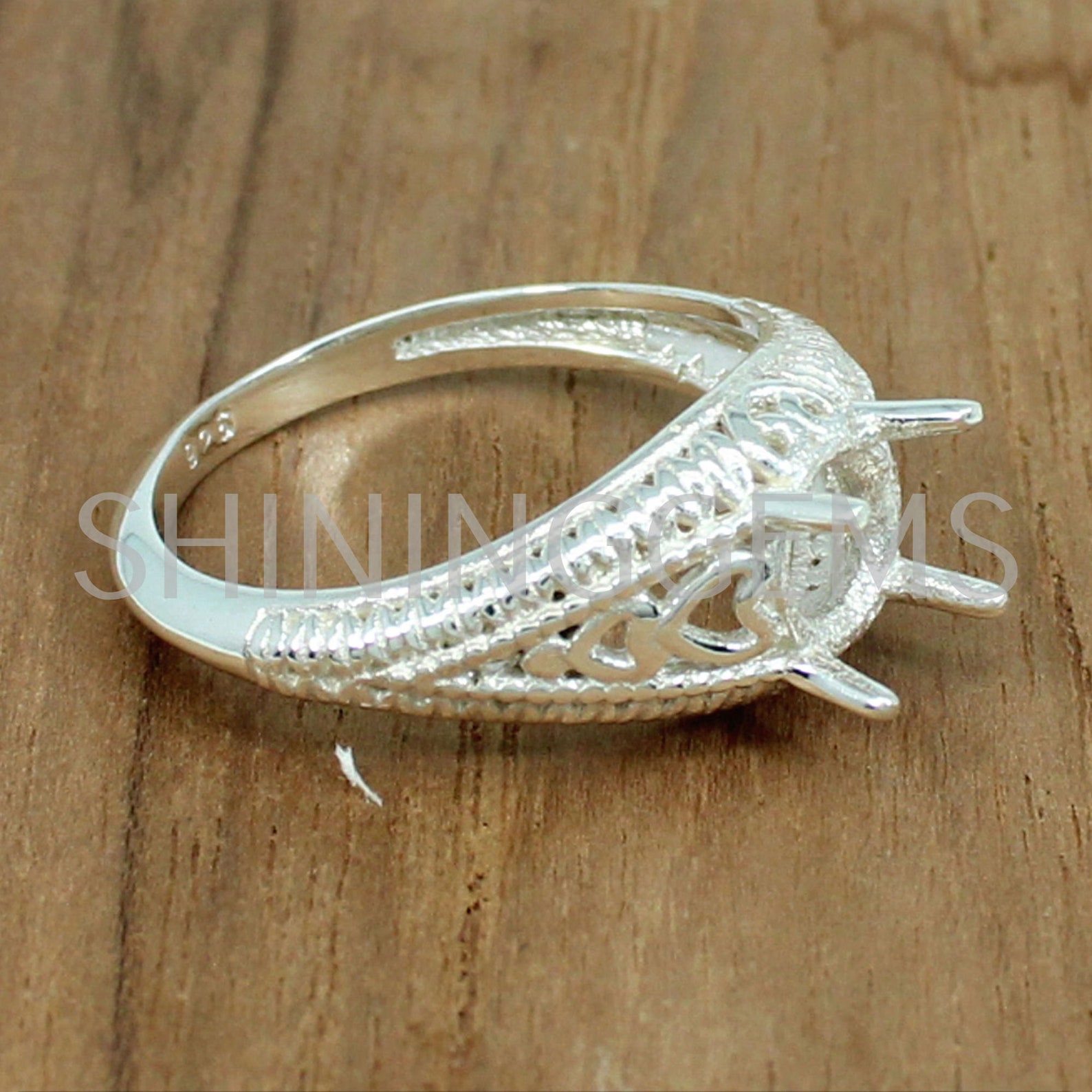 925 sterling solid silver ring collet 5 mm round engraved | Etsy