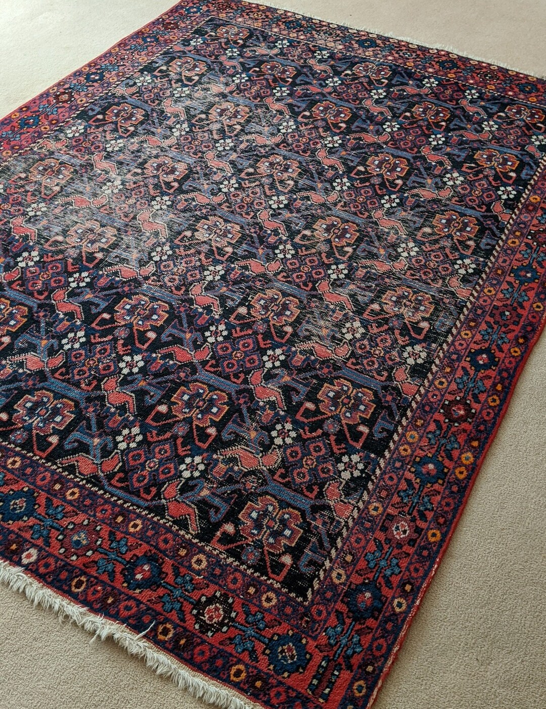 Traditional Worn Old Vintage Rug Hand Knot Woven Oriental Persian Wool ...