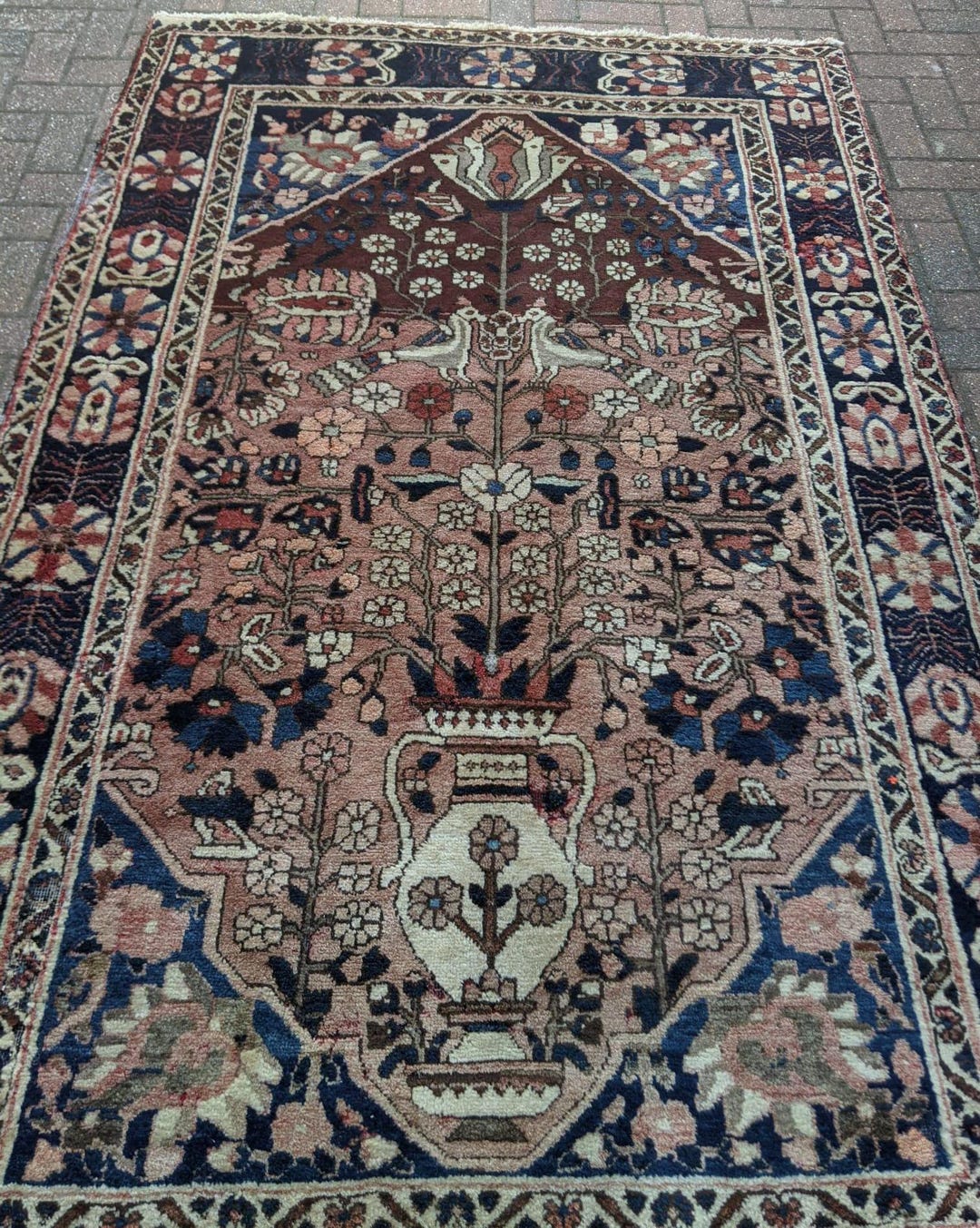 Wool Old Hamadan Rug Tree of Life Birds Flowers Faded Rug Carpet ...