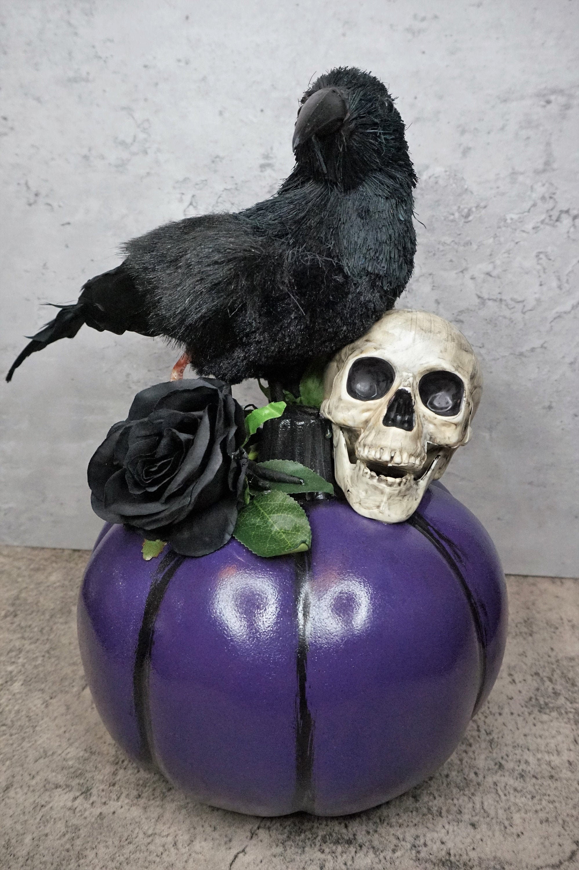 Gothic Purple Pumpkin with Skull and Crow