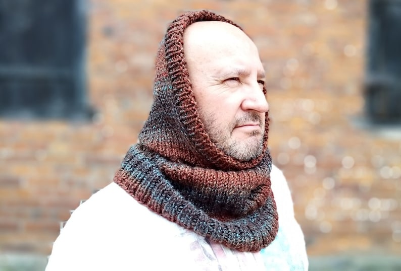 Knit Hooded Cowl Unisex, Brown Blue Men Hood Scarf, Women Chunky ...