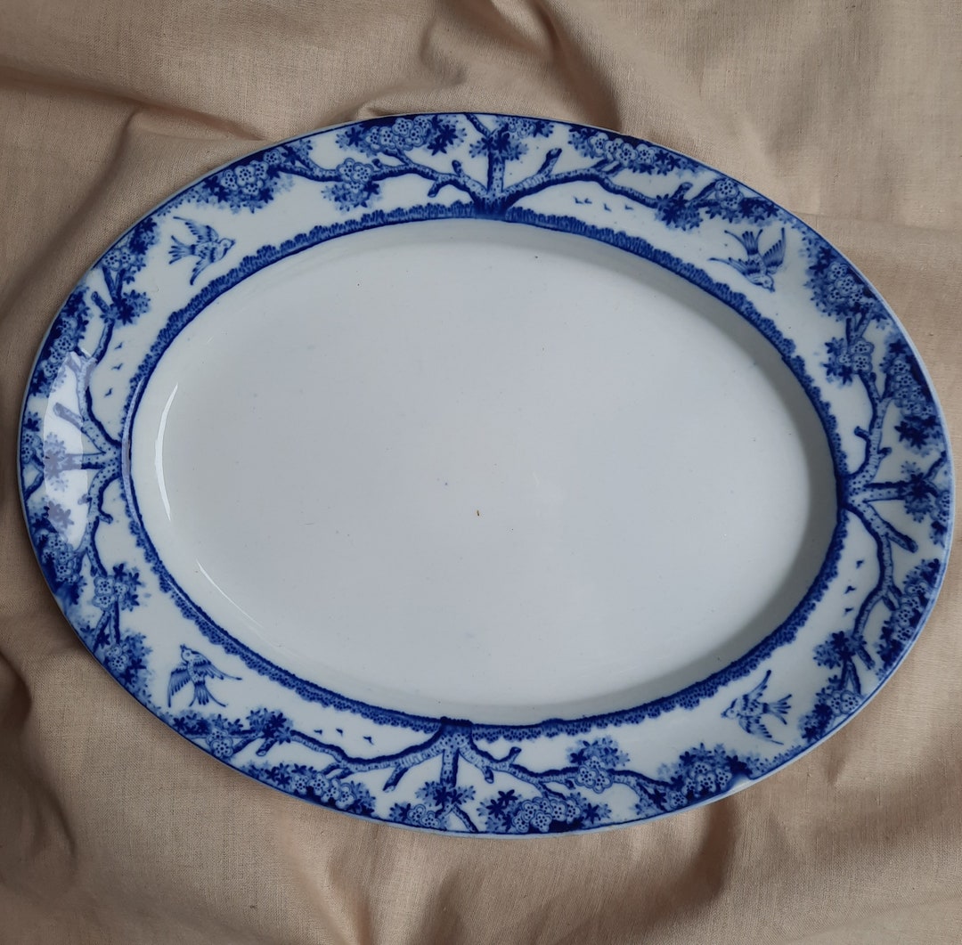 Antique Palissy Blue and White Transferware Small Platter Springtime ...