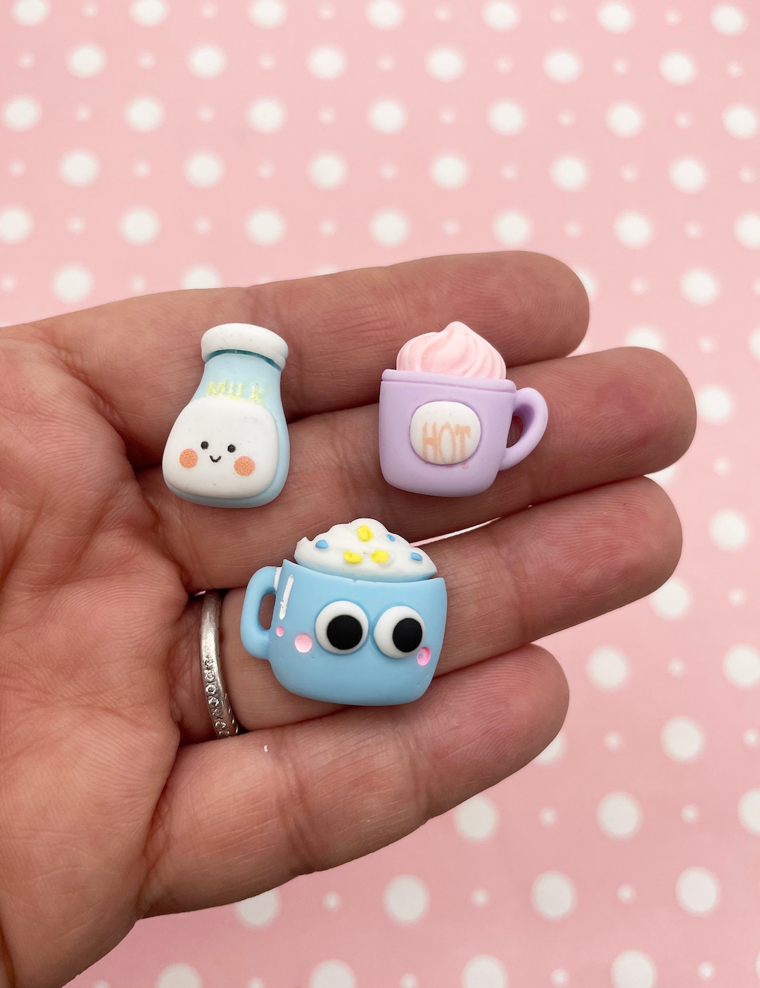 3 Assorted Coffee Cup Flatback Cabochons, Hot Cocoa and Milk Bottle ...