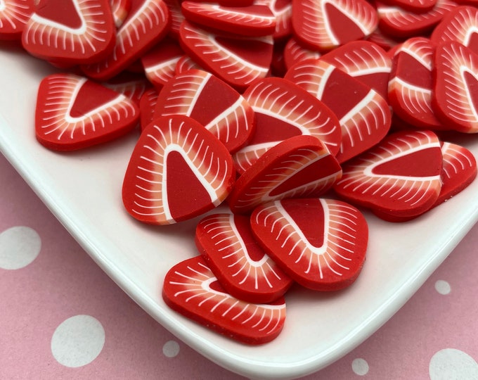 10 Large Polymer Clay Strawberry Fruit Slices, Faux Fruit, Miniature ...