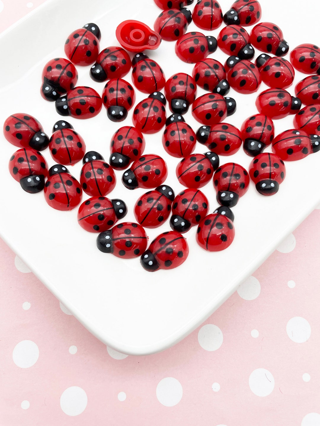 Six Cute Domed 14mm X 19mm Flatbacked Red Resin Ladybug Cabochons, Flat ...