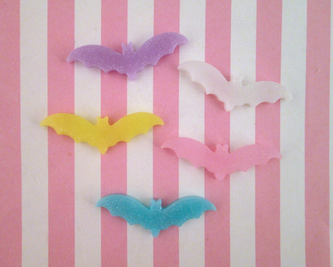 5 Pastel Glittery Flatbacked Resin Bat Cabochons, Cute Halloween ...