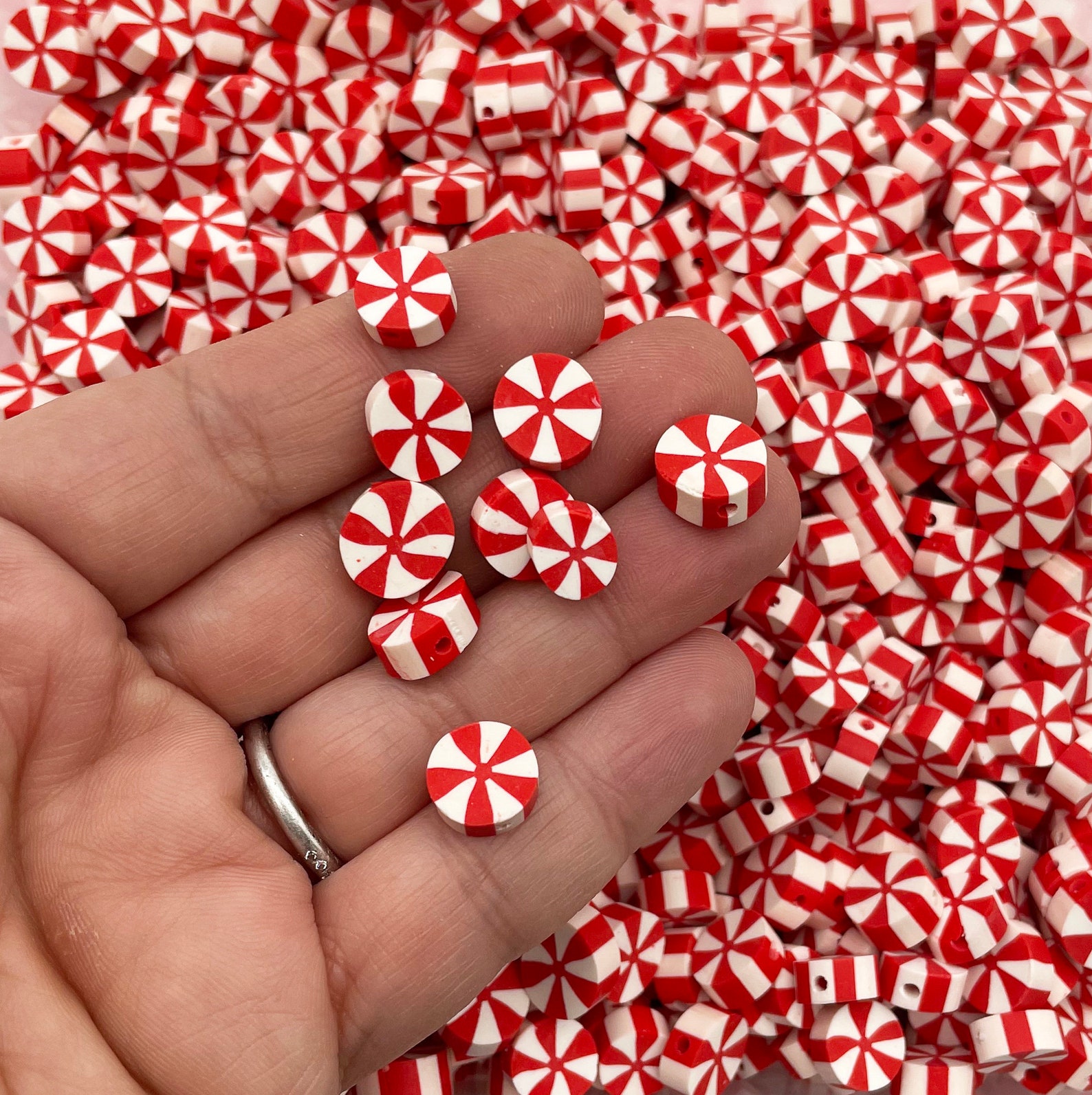 20 Christmas Candy Polymer Clay Beads, Cute Christmas Holiday Red ...