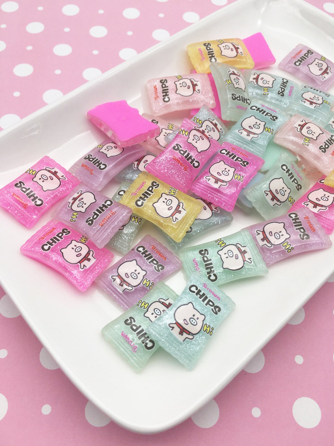 5 Cute Resin Doll Snack Chip Flatbacked Glitter Cabochon Charms, Kawaii ...