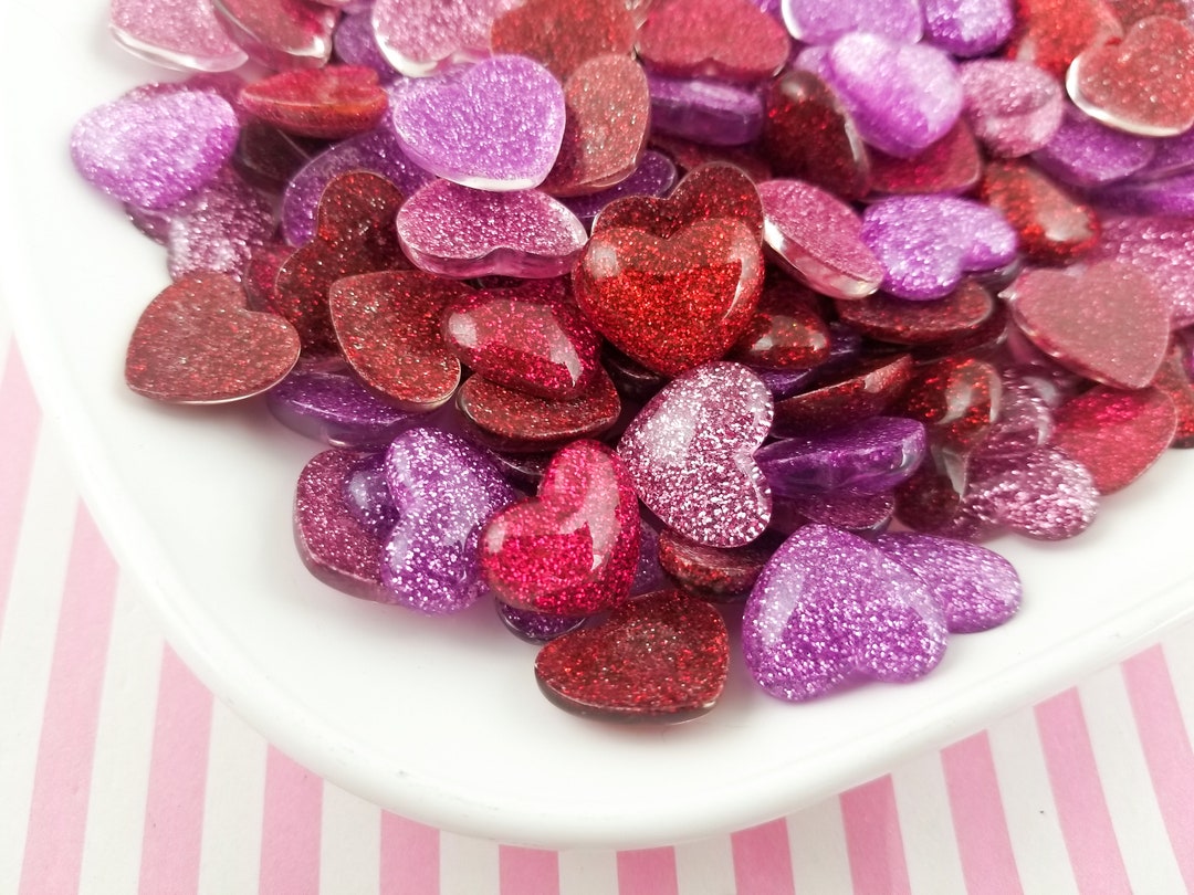 8 Assorted Color Flatbacked Resin Glitter Resin Heart Cabochons, Flat ...