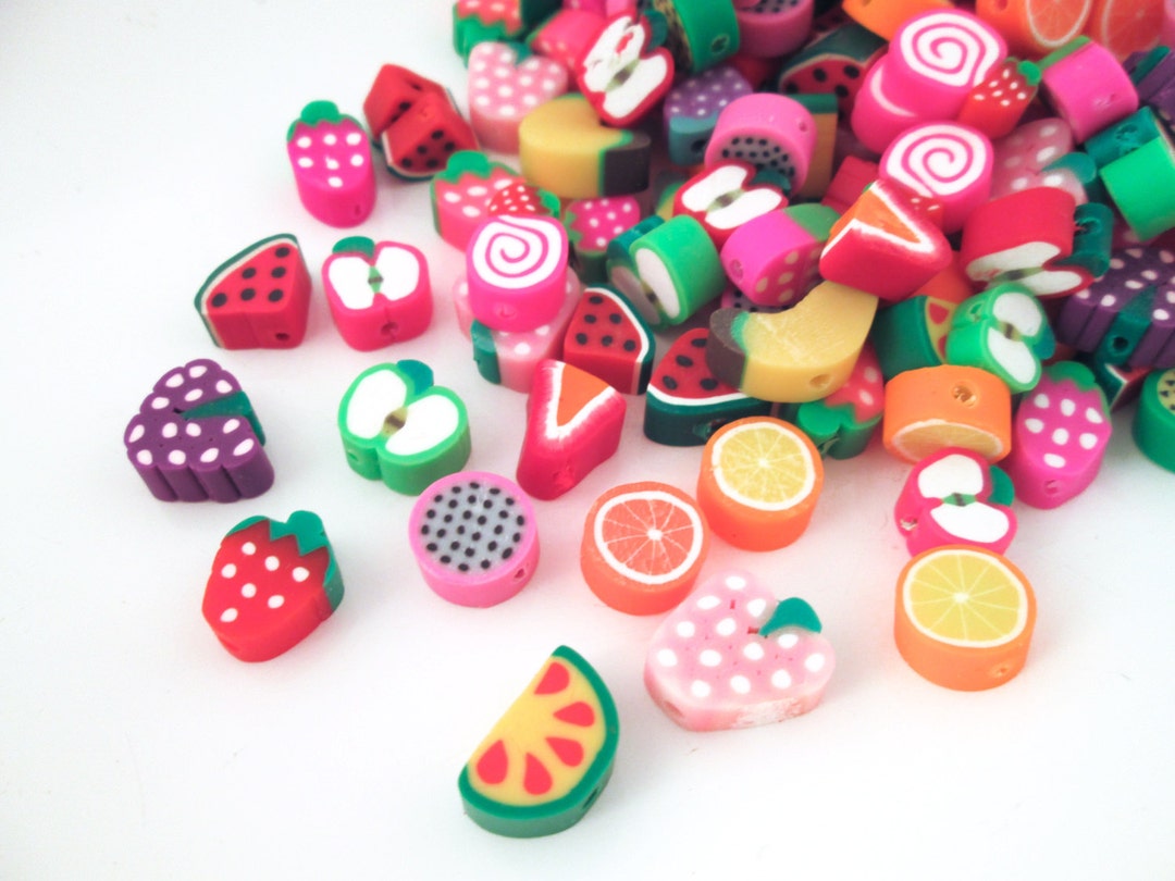10 Assorted Polymer Clay Fruit Slice Beads, Cute Fimo Beading Supplies ...