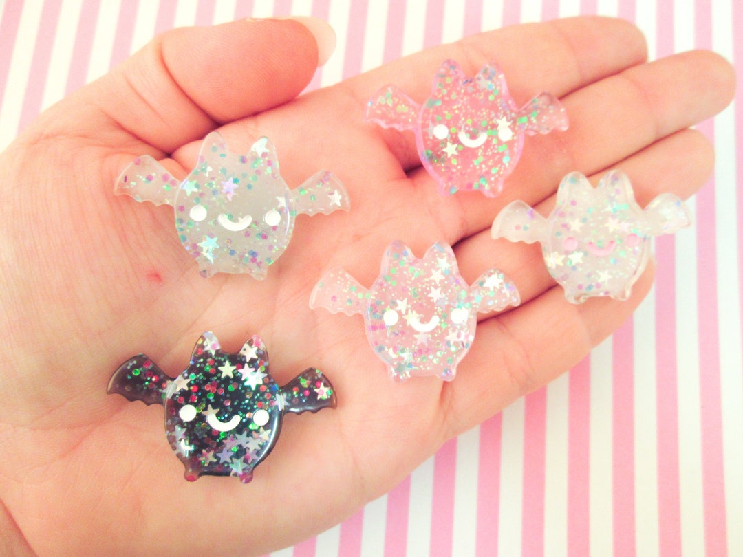 3 Assorted Pastel Glittery Bat Flatbacked Resin Cabochons, Cute ...