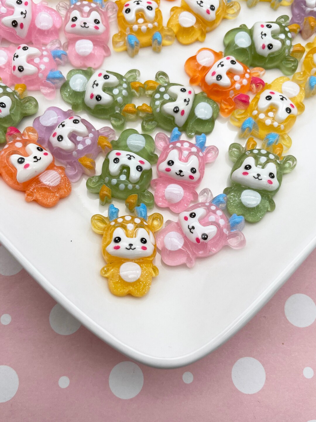8 Multicolor Glittery Kawaii Resin Deer Cabochons, Cute Animal Cabs ...
