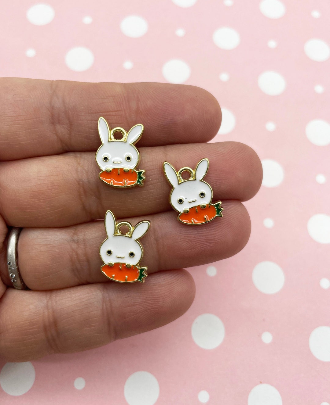 6 Cute White Enamel Bunny Holding a Carrot Charms, 15mm Gold Plated ...