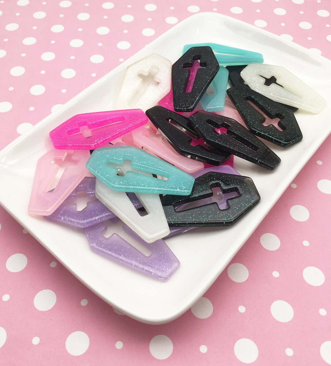 3 Big Pastel Flat Backed Acrylic Plastic Glittery Halloween Coffin ...