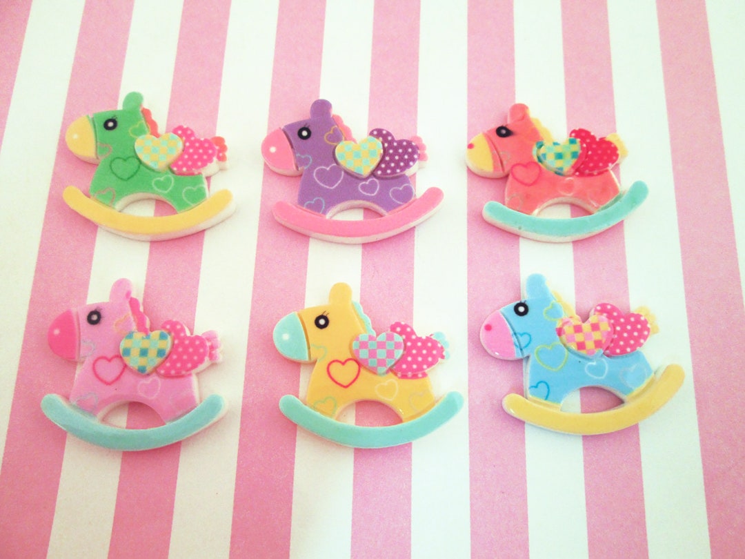 6 Flat Backed Pastel Resin Baby Shower Rocking Horse Cabochons, 30mm ...