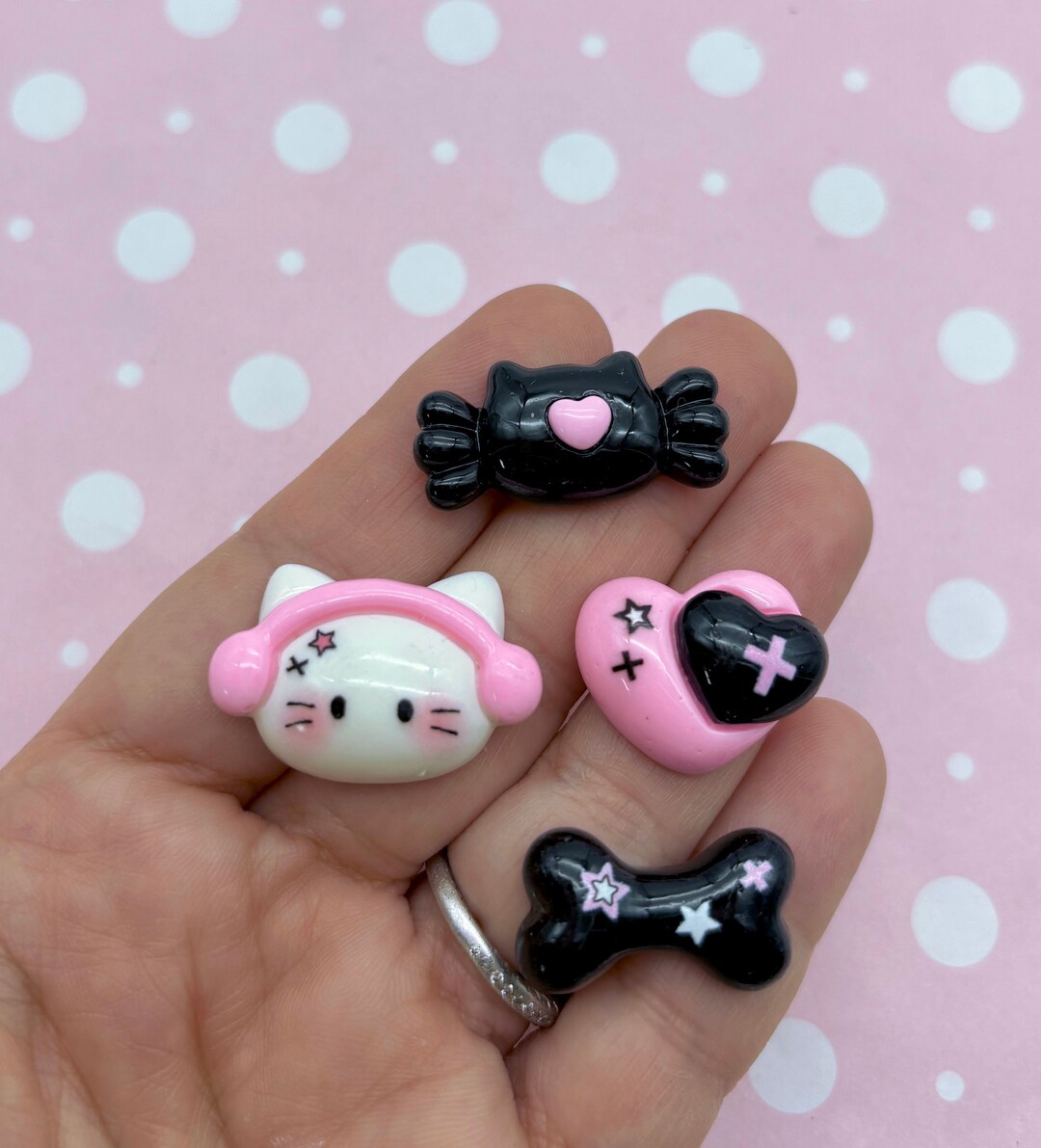 4 Pink Black White Emo Kawaii Kitty Cat Bone Candy Resin Flat Backed ...