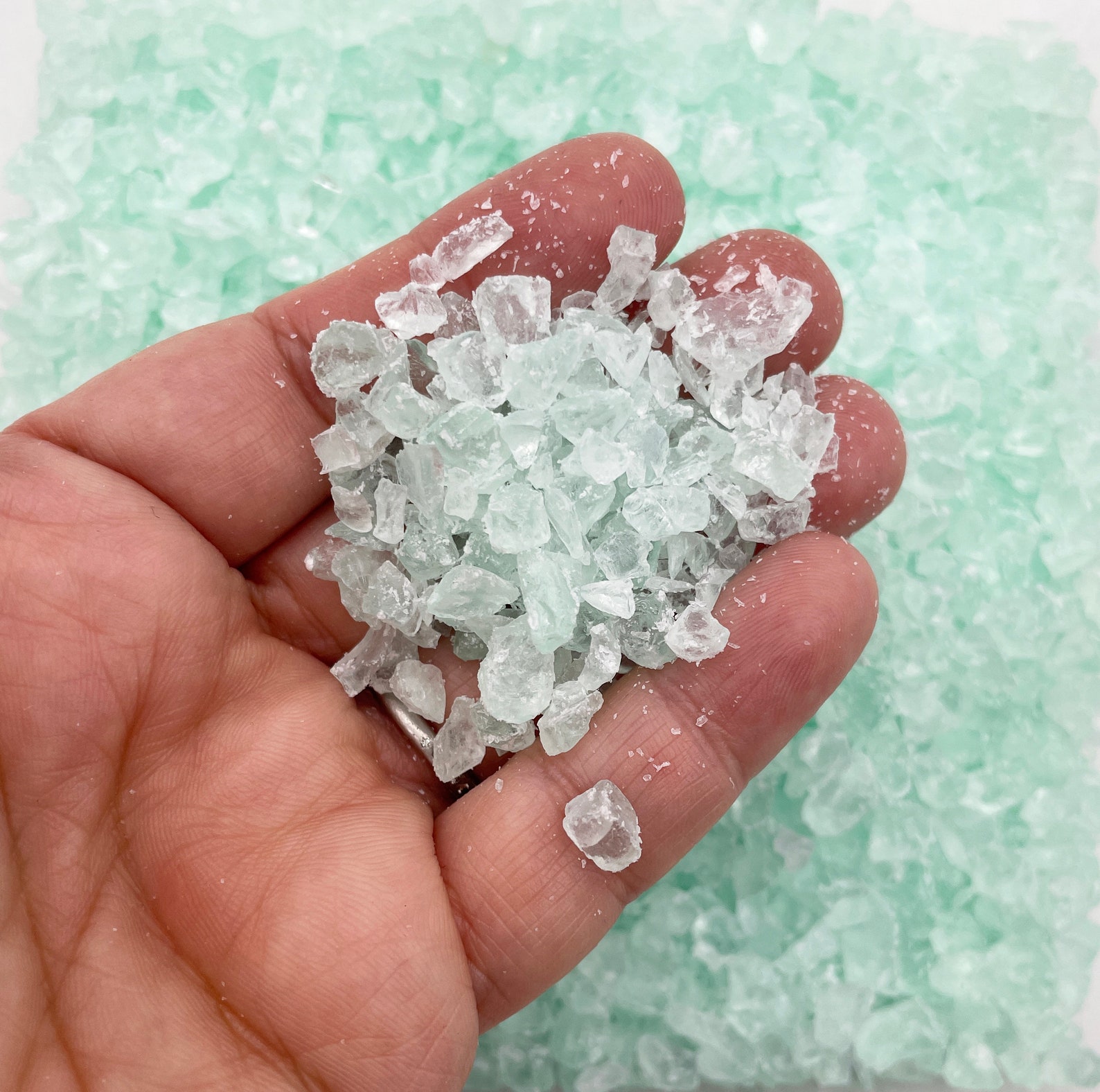 100g SEA GLASS Acrylic Silica Sand, Fake Gemstone Chunks, Light Blue ...
