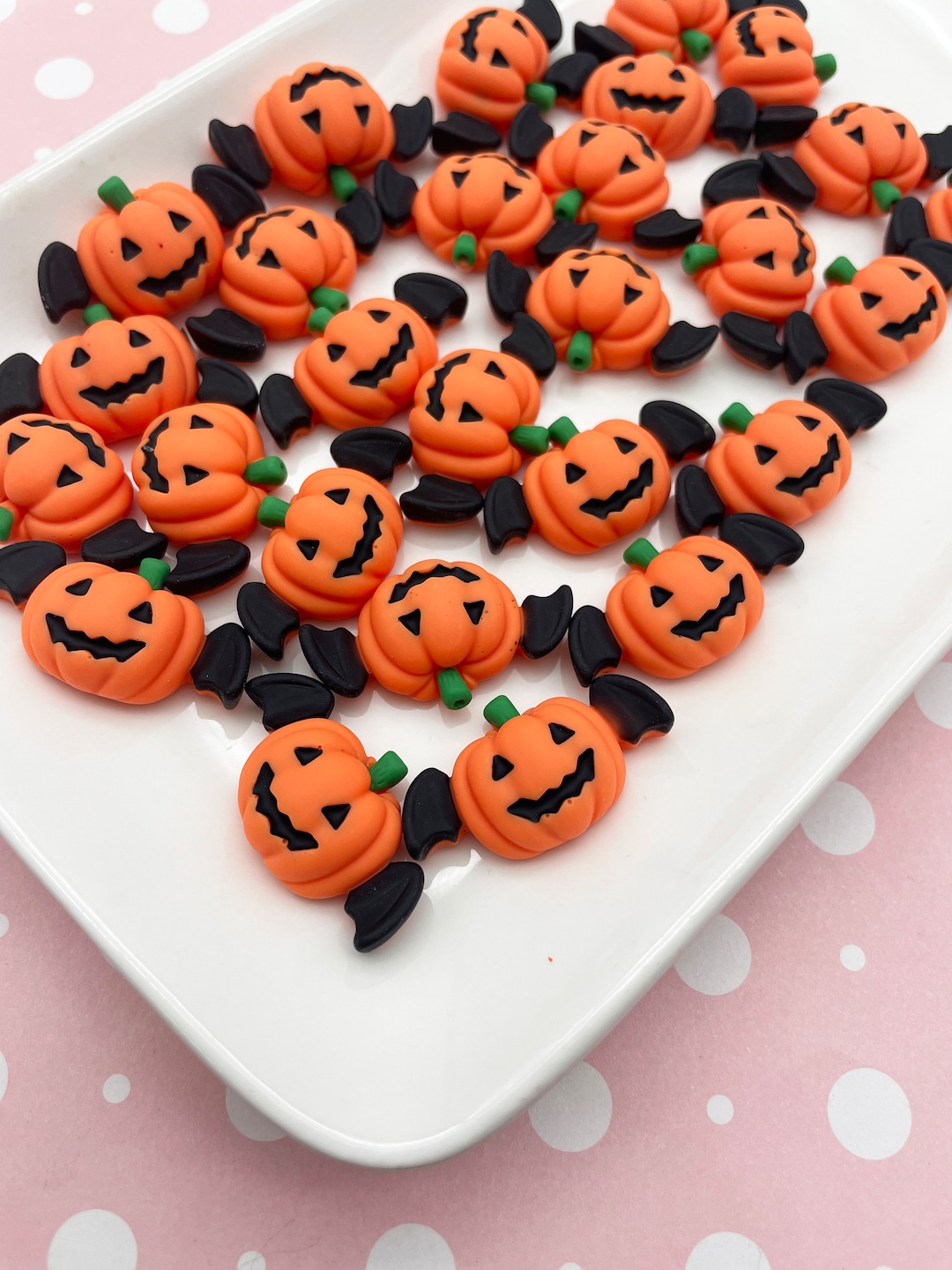 4 Cute Pumpkin Bat Jack O'lantern Halloween Cabochons, Matte Flat ...