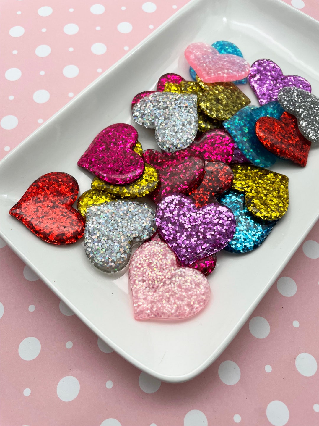 6 Big Glitter Flatbacked Heart Resin Cabochons, Cute Flat Backed ...