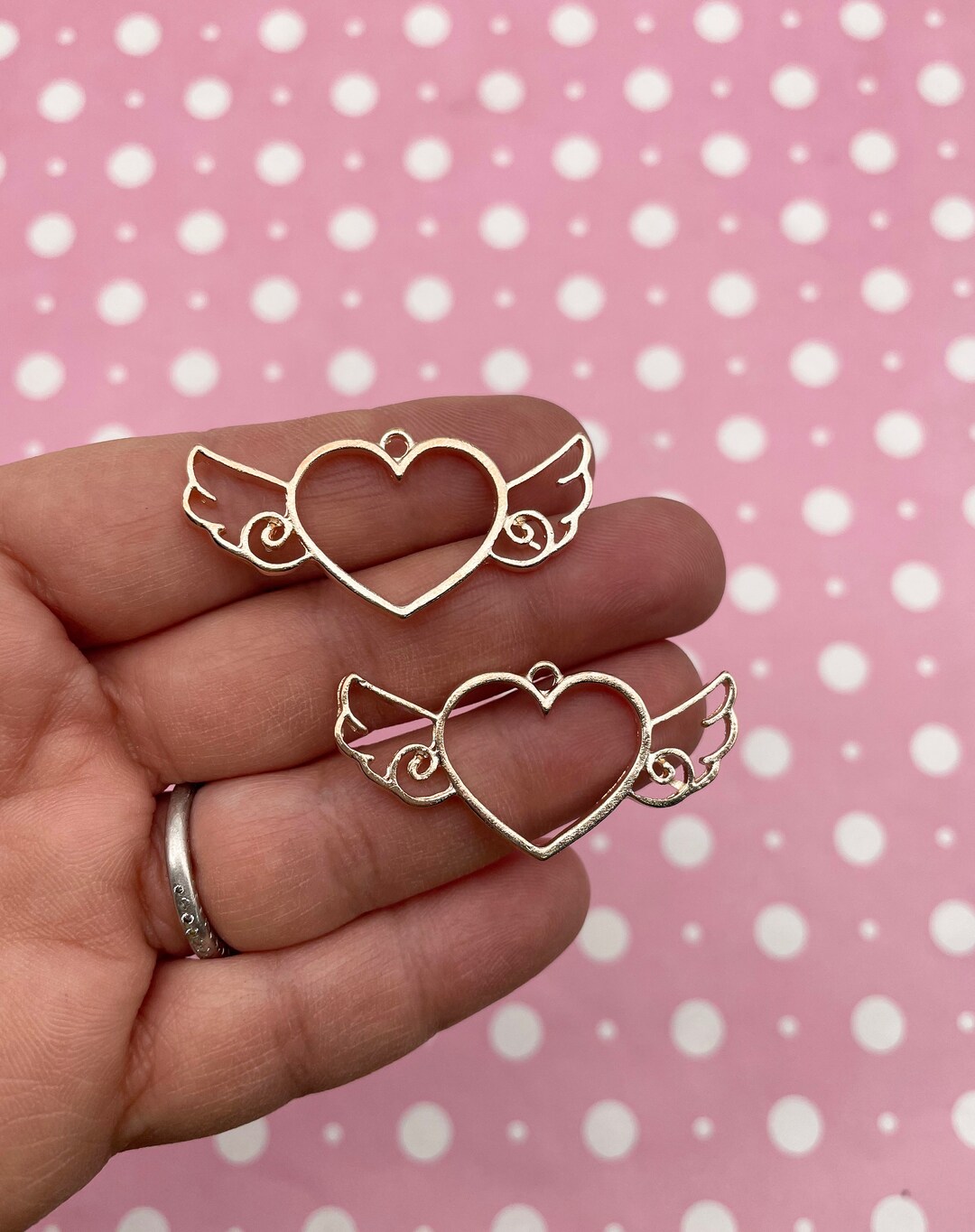 6 Rose Gold Plated 40mm Winged Heart Charm Connecters, Open Bezel ...