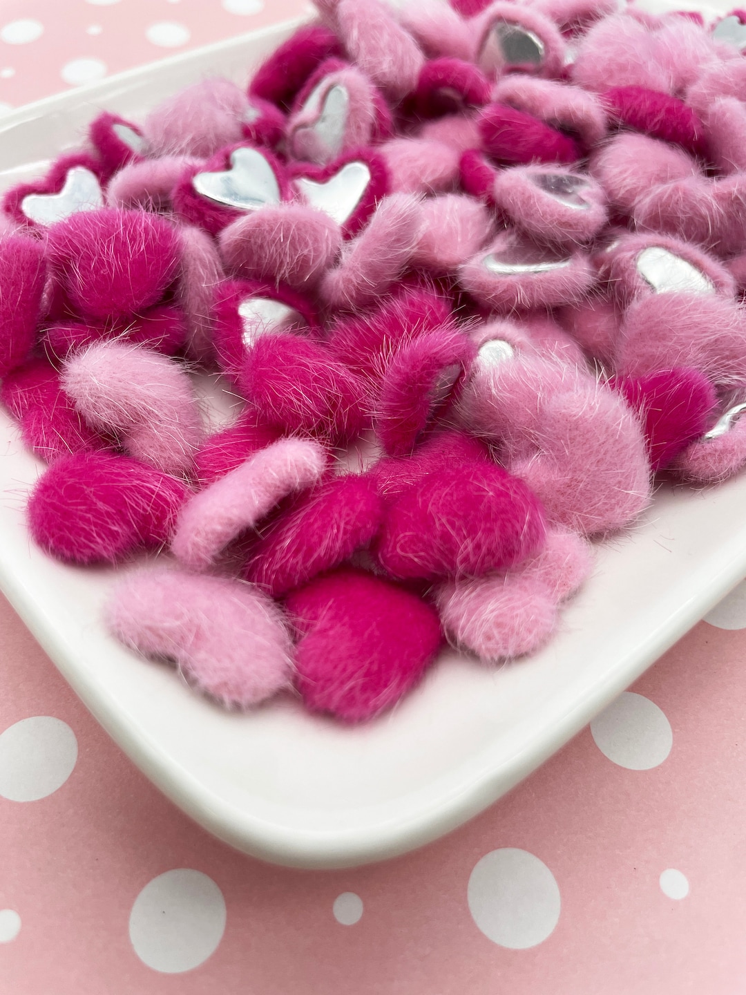 12 Light and Hot Pink Fuzzy Heart Flatbacked Cabochons, Flat Backed ...