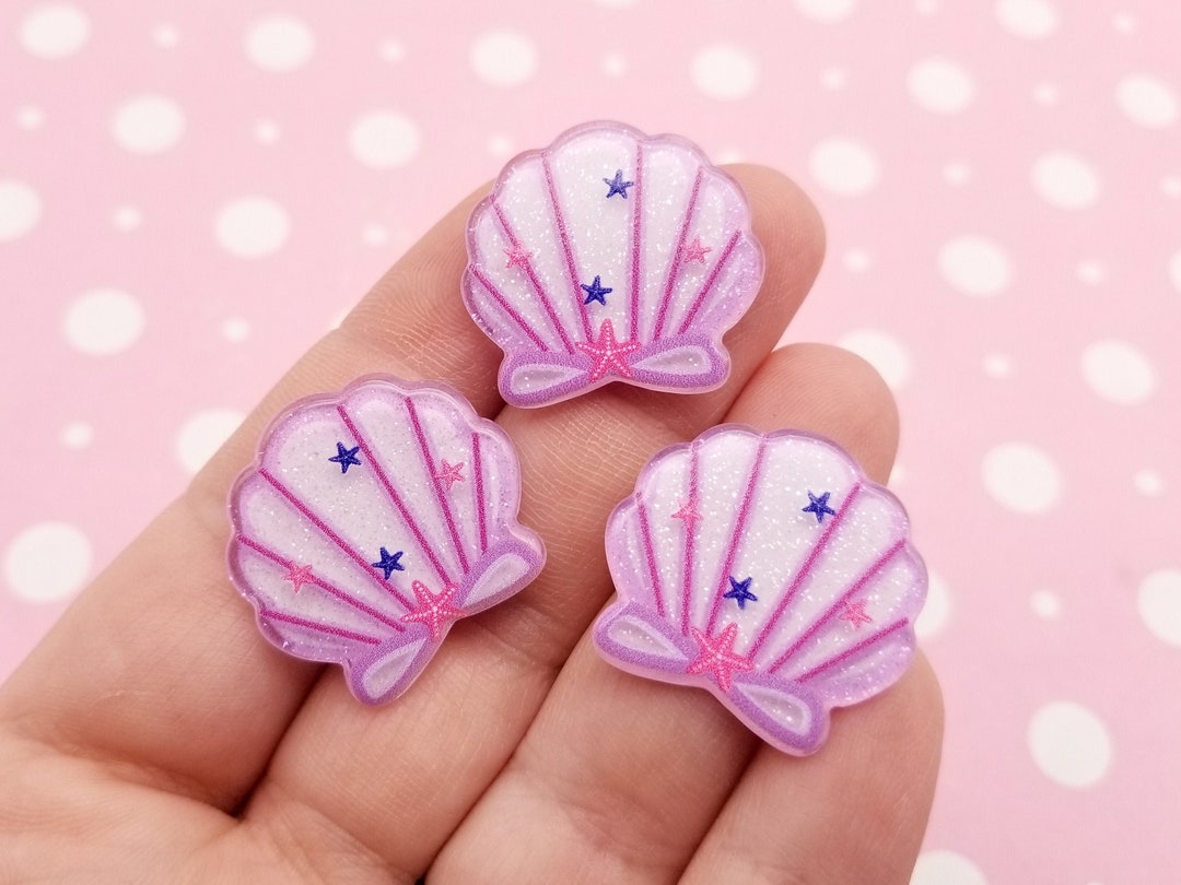 6 Pastel Purple Glitter Flatbacked Resin Seashell Cabochons, Glittery ...