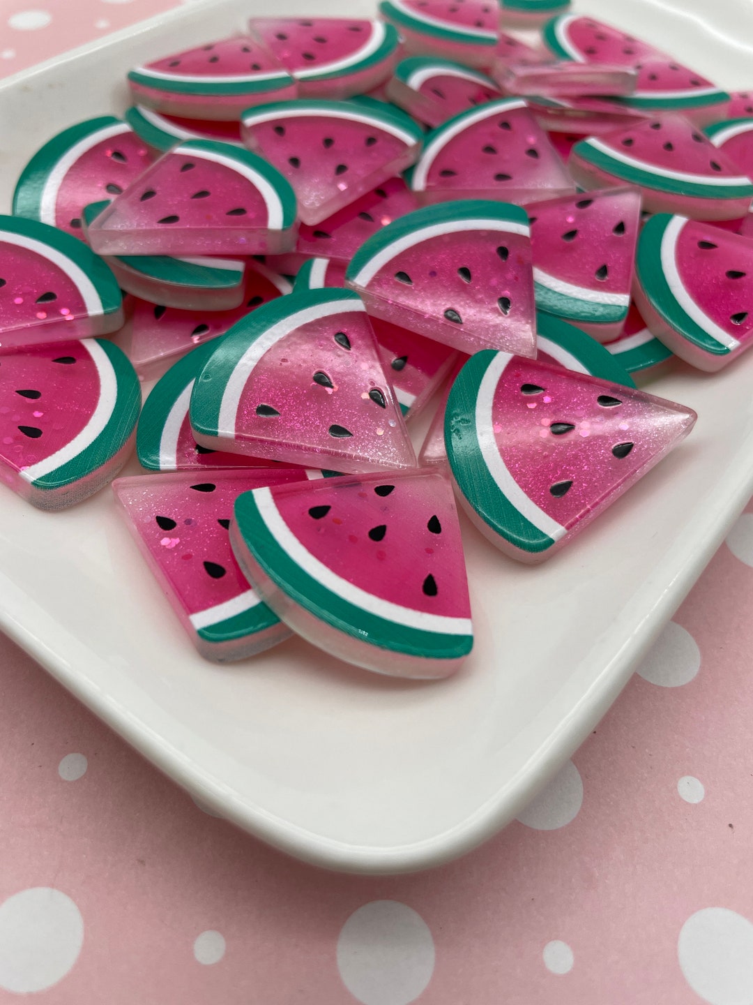 6 Glittery Flatbacked Resin Watermelon Slice Cabochons, 30mm Cute Flat ...