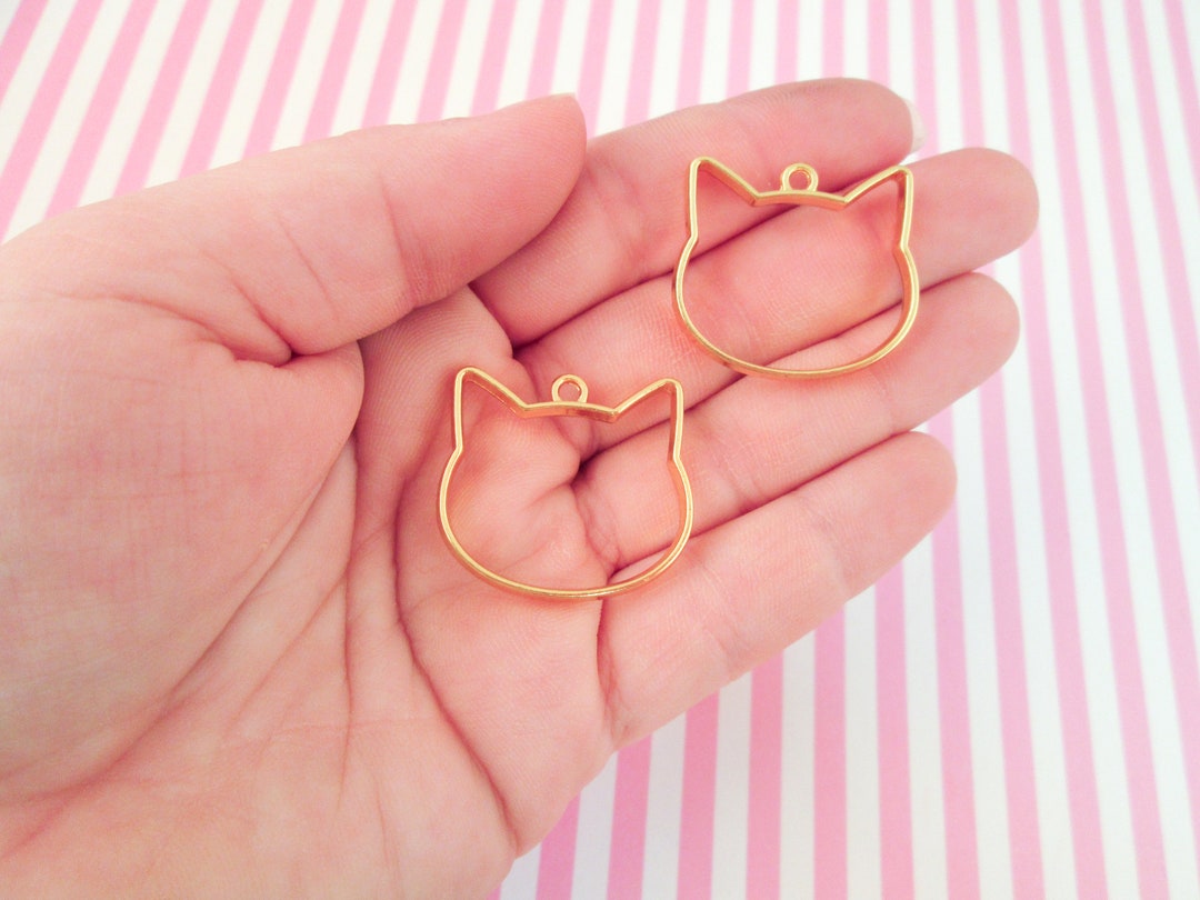 3 Gold Plated Cat Head Charms, Open Bezel Pendant, Resin Charms, Cat ...