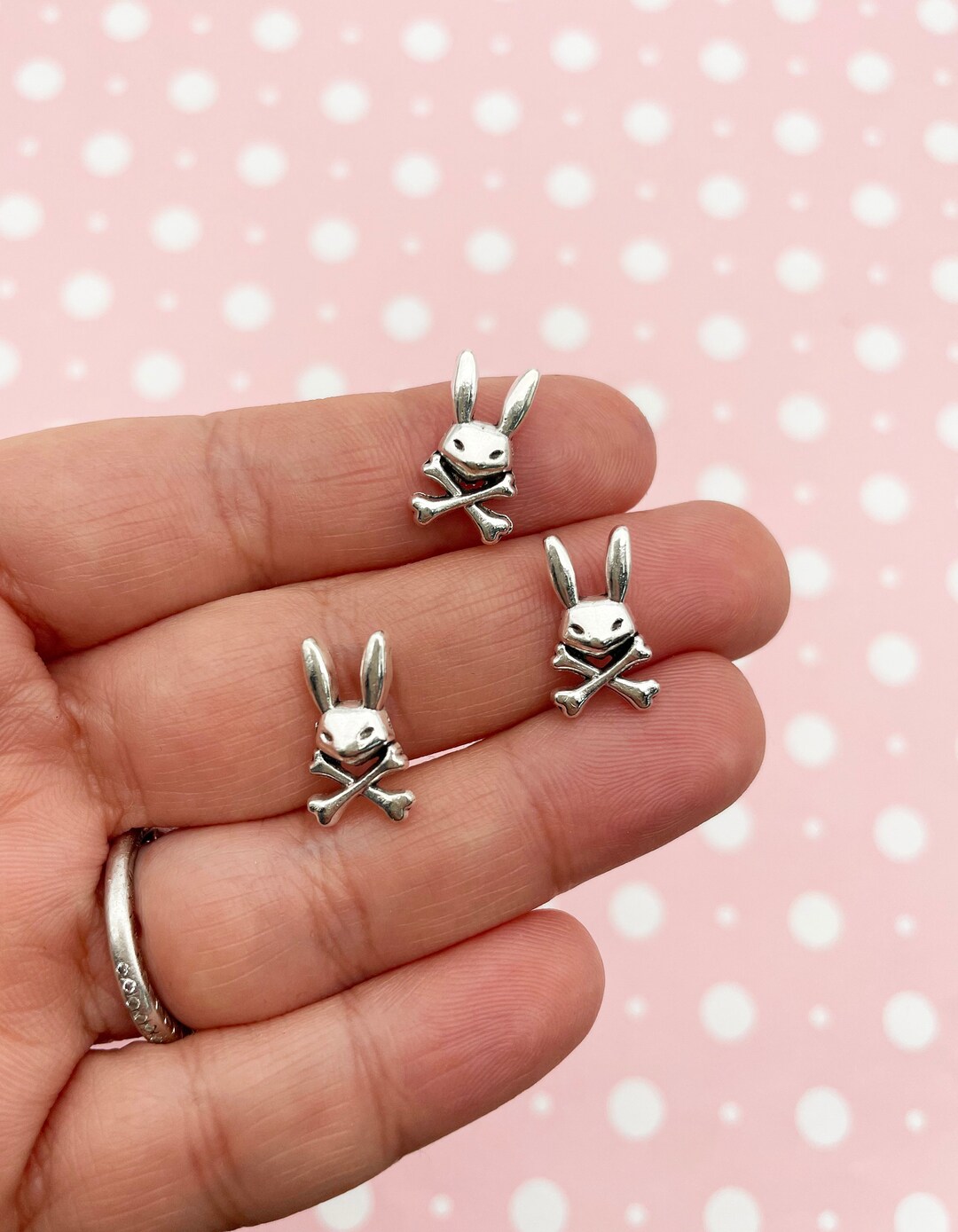 10 Silver Plated Bunny Rabbit Skull and Crossbone Charms, Easter ...