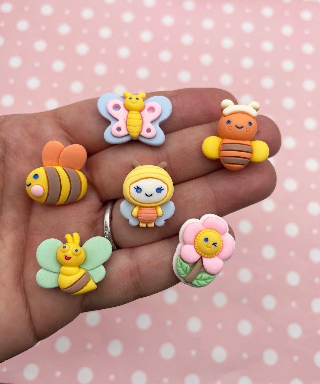 6 Mixed Flatbacked Resin Cute Honey Bee, Flower, Butterfly Cabochons ...
