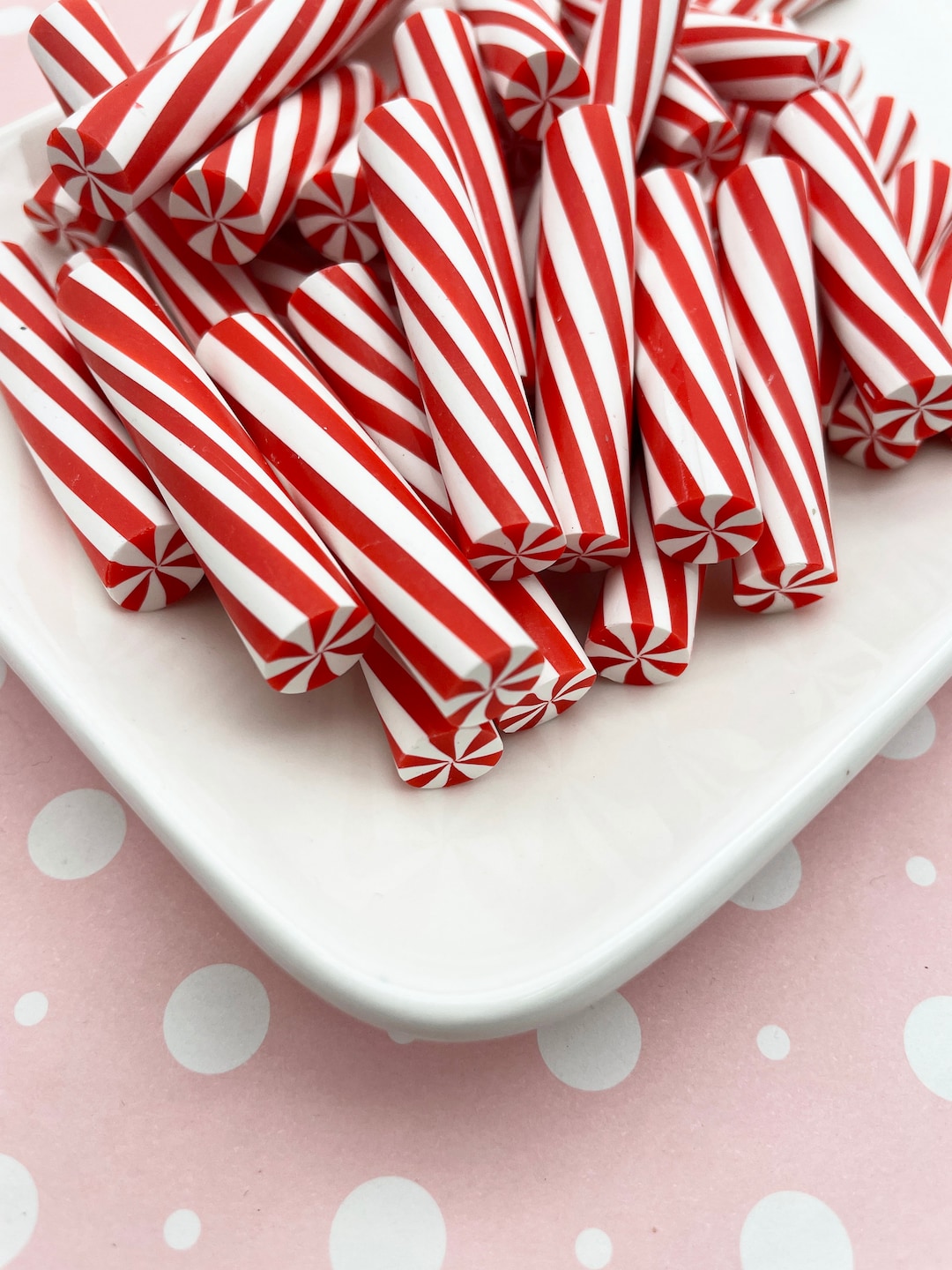 3 Large Polymer Clay Red and White Peppermint Swirl Candy Cane Sticks ...