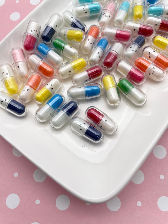 10 Happy Pill Filled Clear Pill Capsule Cabochons Plastic | Etsy