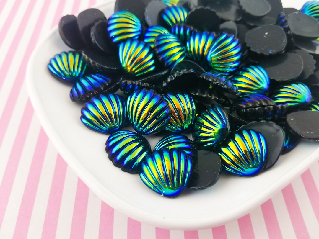 6 Flatbacked Resin Oil Slick Black Seashell Cabochons, 20mm Iridescent ...