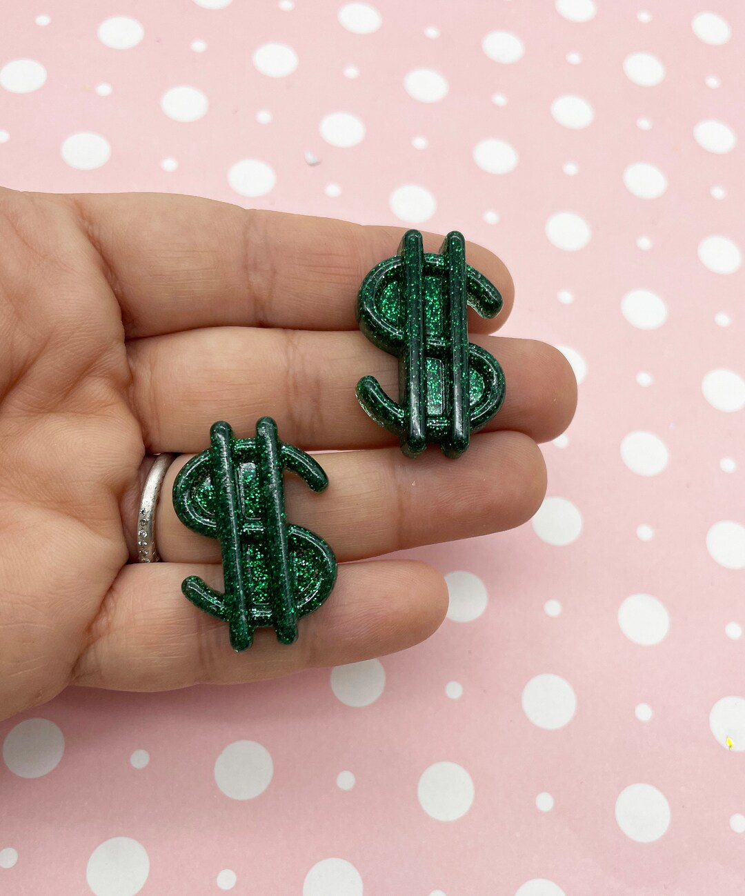 6 Green Glitter Resin Flat Backed Dollar Sign Cabochons, 32mm Plastic ...