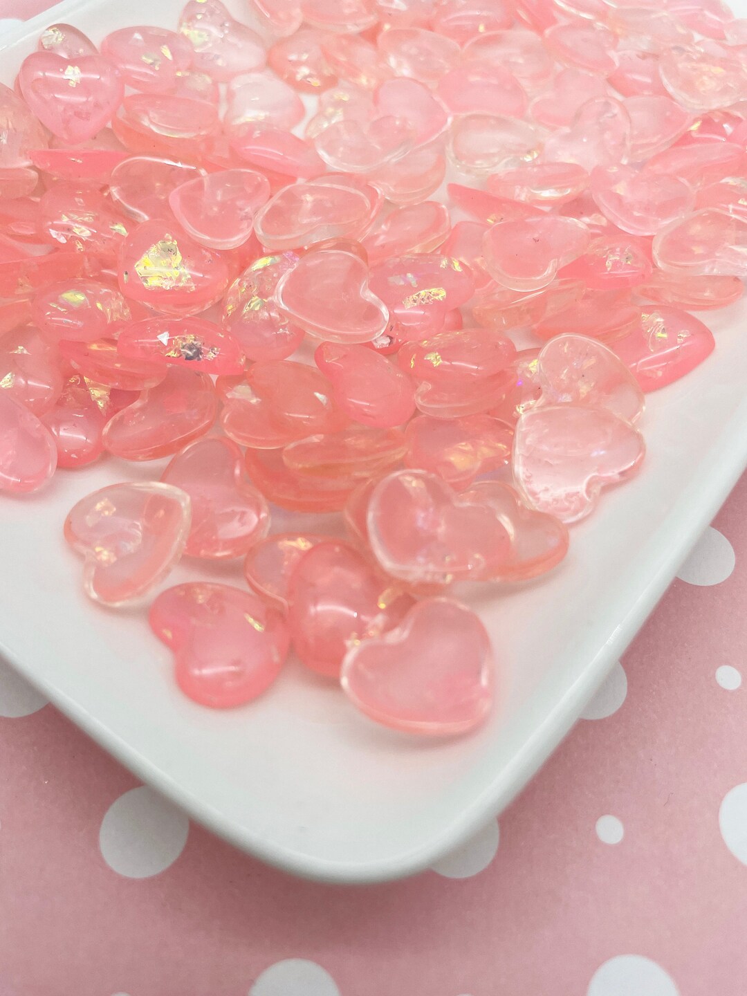 10 Glittery Pink Resin Heart Flatbacked Resin Cabochons, Flat Backed ...