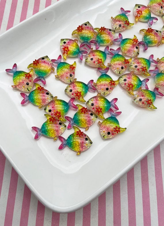 8 Resin Rainbow Glittery Gold Fish Cabochons Glitter Fish - Etsy