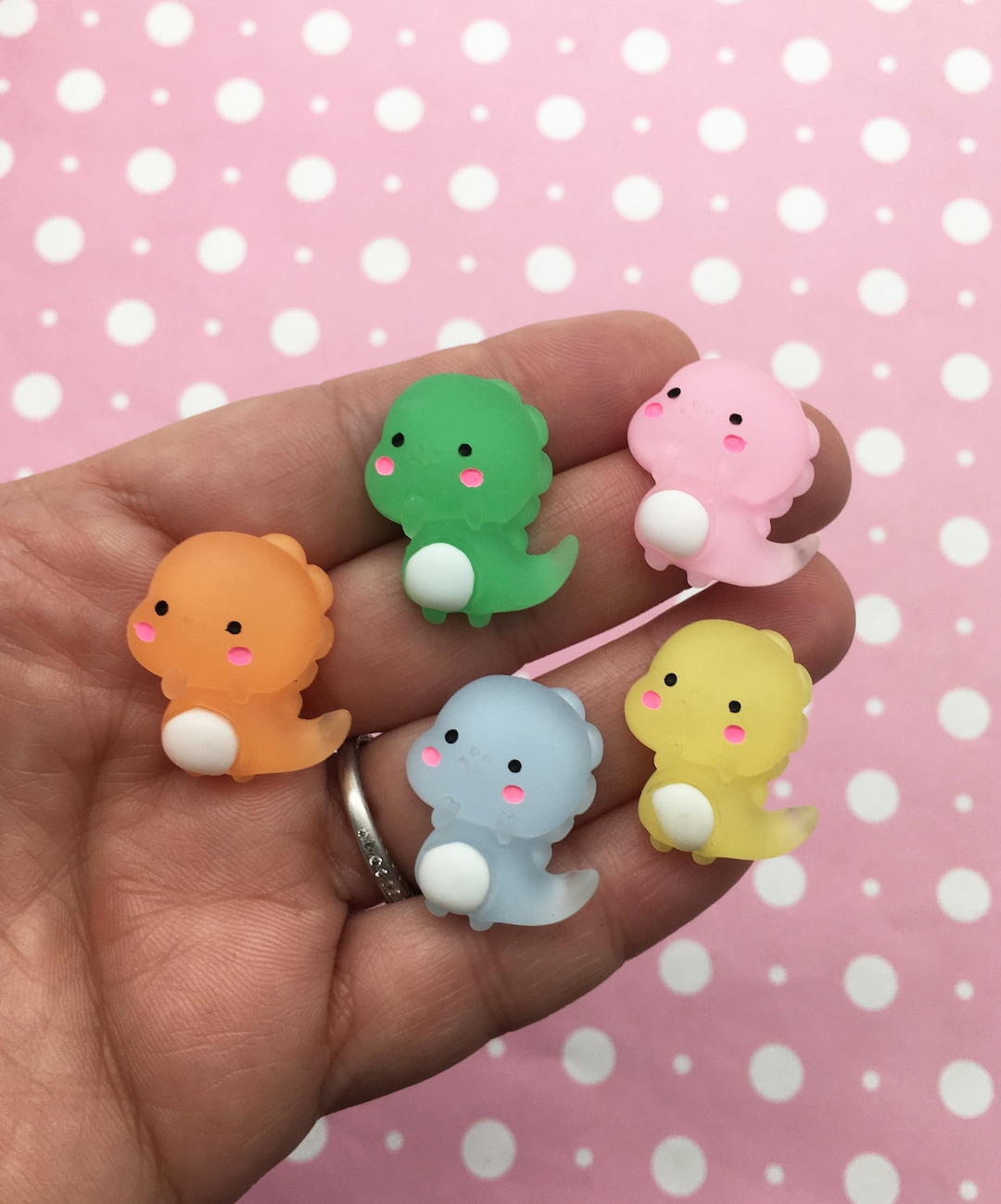 5 Assorted Color Baby Dinosaur Cabochons, Dino Cabs, T-rex Kawaii Cabs ...