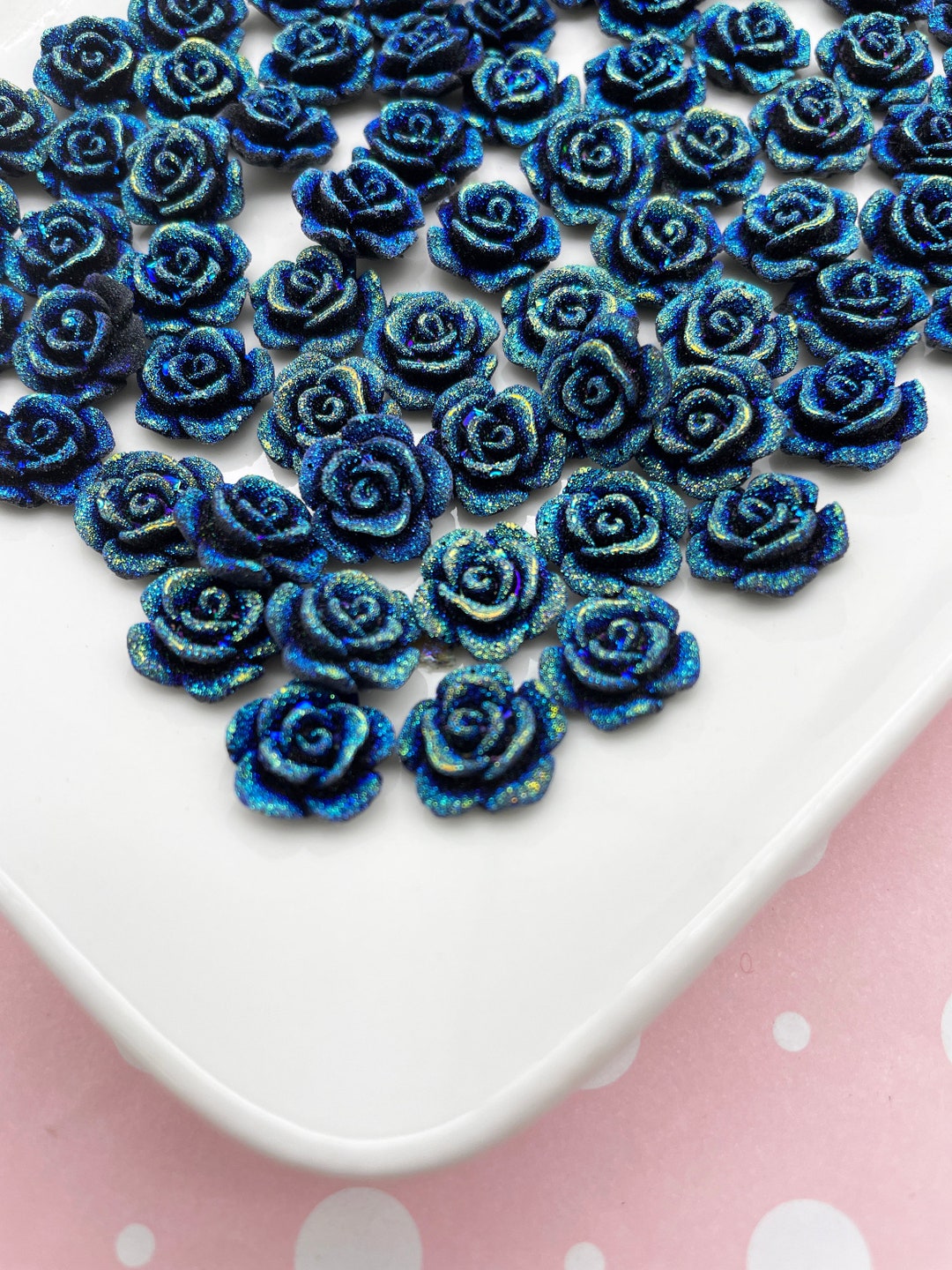 15 Iridescent Blue Glitter Rose 12mm Cabochons, Flower Cabs - Etsy