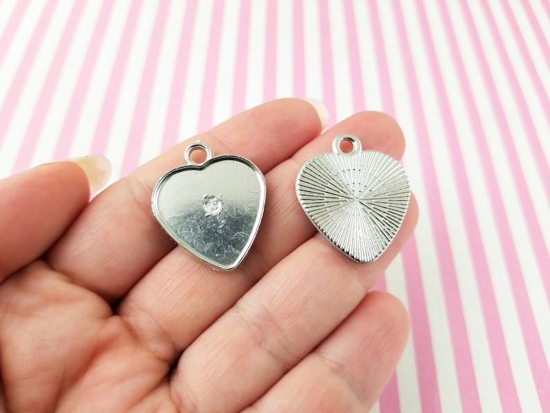 15 Plastic Silver Toned Bright Heart Bezel Charm Blanks, Heart ...
