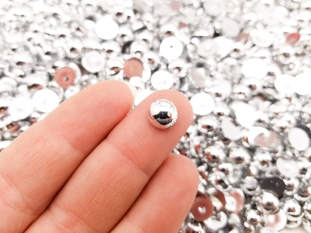 100 8mm Round Metallic Silver Tone Flatbacked Acrylic Plastic Pearl ...